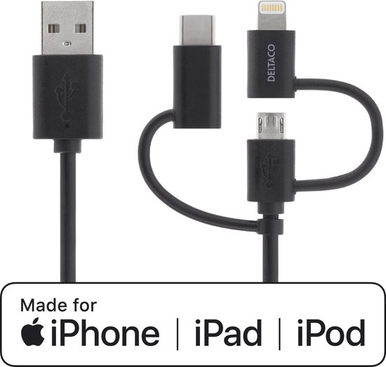 DELTACO IPLH-156 USB naar USB-C / Micro-USB / Lightning combikabel ...