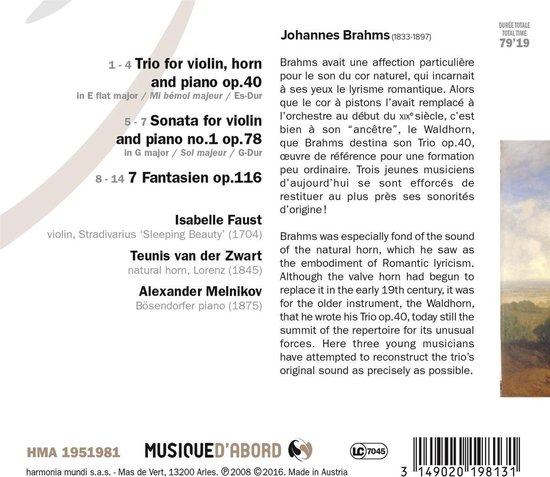 Brahms: Horn Trio, Op. 40/Violin Sonata, Op. 78, Teunis van der Zwart | CD (album) |... | bol