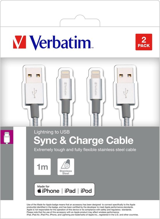 Verbatim Lightning Cable Sync & Charge 100cm Zilverkleurig - Duo Pack ...