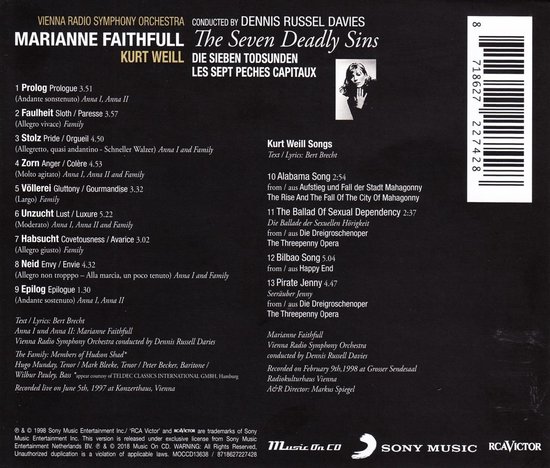 Weill: The Seven Deadly Sins, Marianne Faithfull | CD (album) | Muziek ...