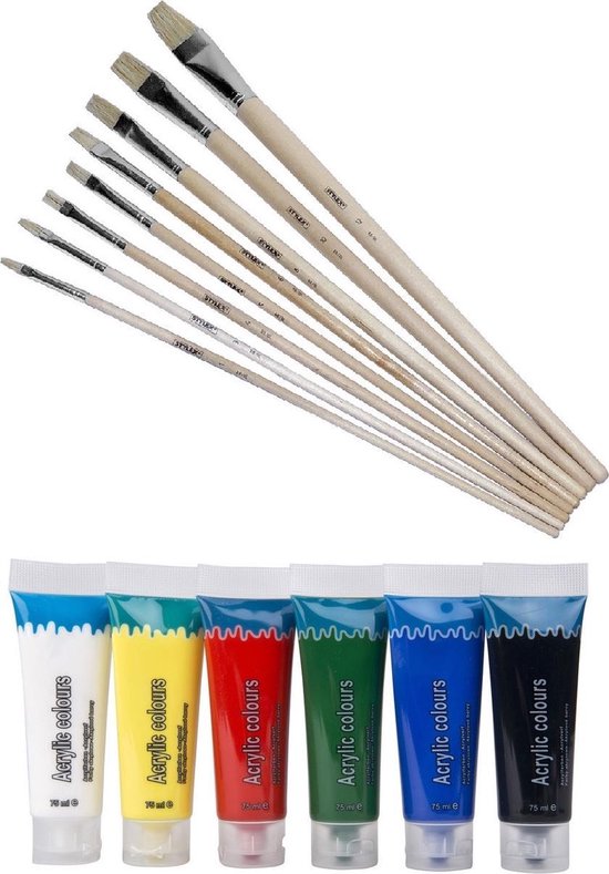 Set van 6 tubes acryl/hobby verf met 8 schilder penselen in ...