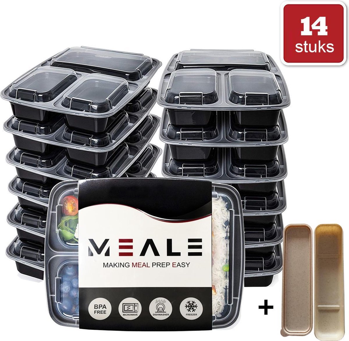 MEALE® - Meal Prep Bakjes 14 Stuks + Bestekhouder - 3 vakken - BPA vrij ...