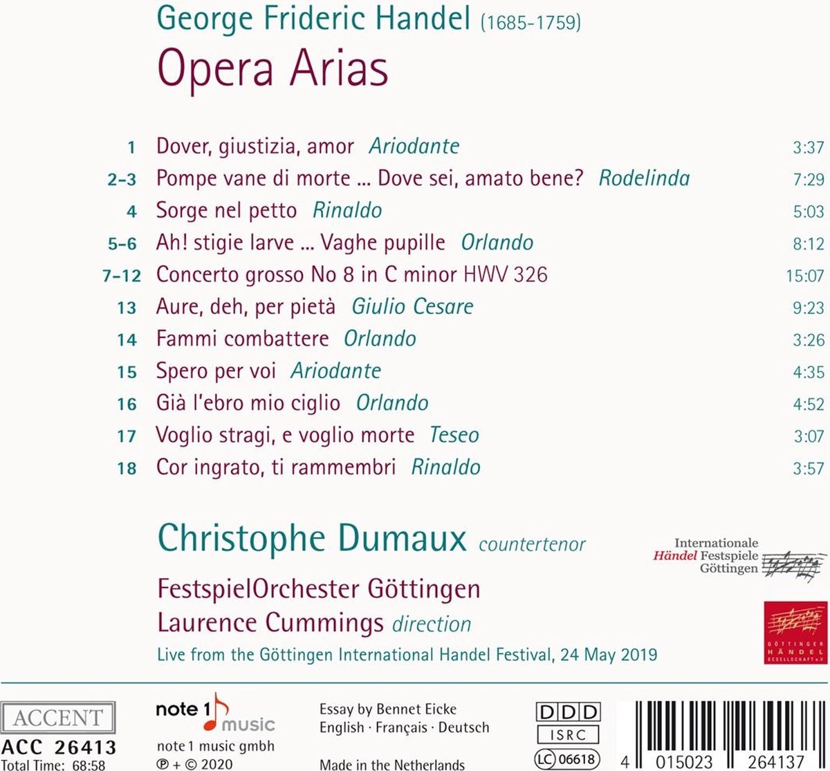 Festspielorchester Göttingen, Laurence Cummings - Händel: Opera Arias ...