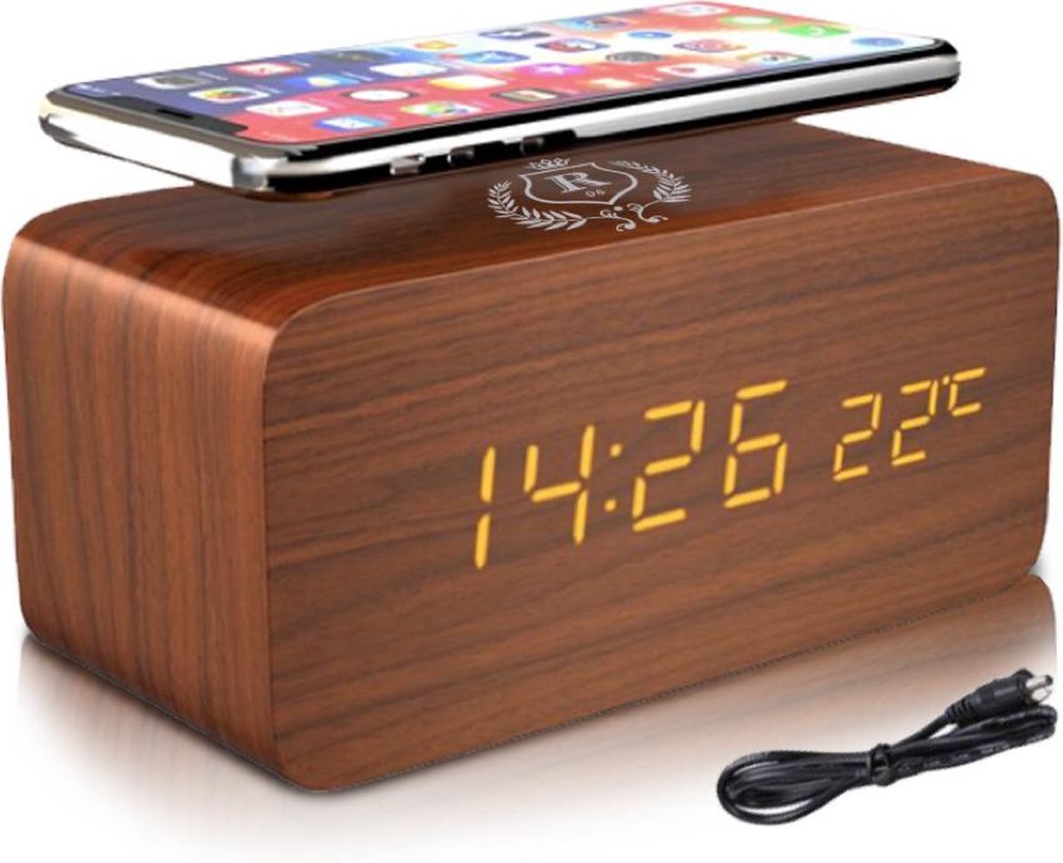 Gadgy Digitale Wekker met Draadloze Oplader - Houten Wekker - Tafelklok ...