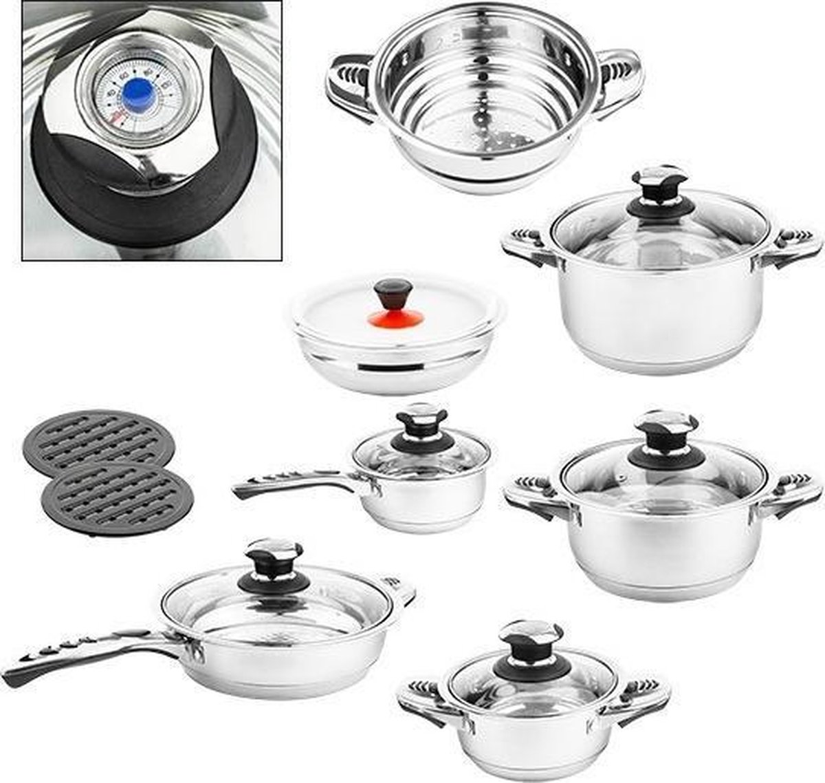 RVS pannenset / RVS pannen met glasdeksels 16-delig - complete pannen ...