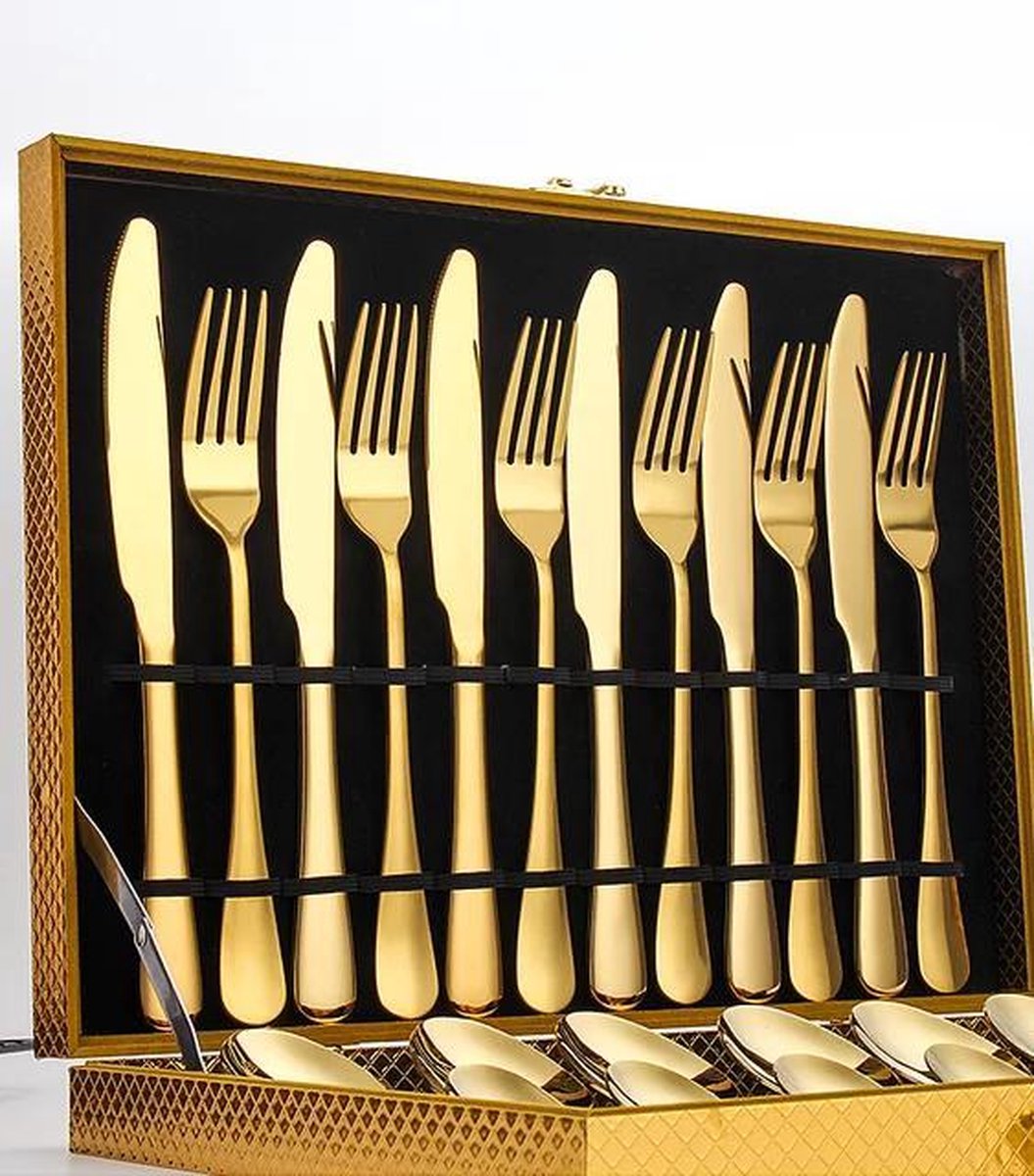 Bestekset – 24-delig - 6 persoons - goud - inclusief luxe opberg case | bol