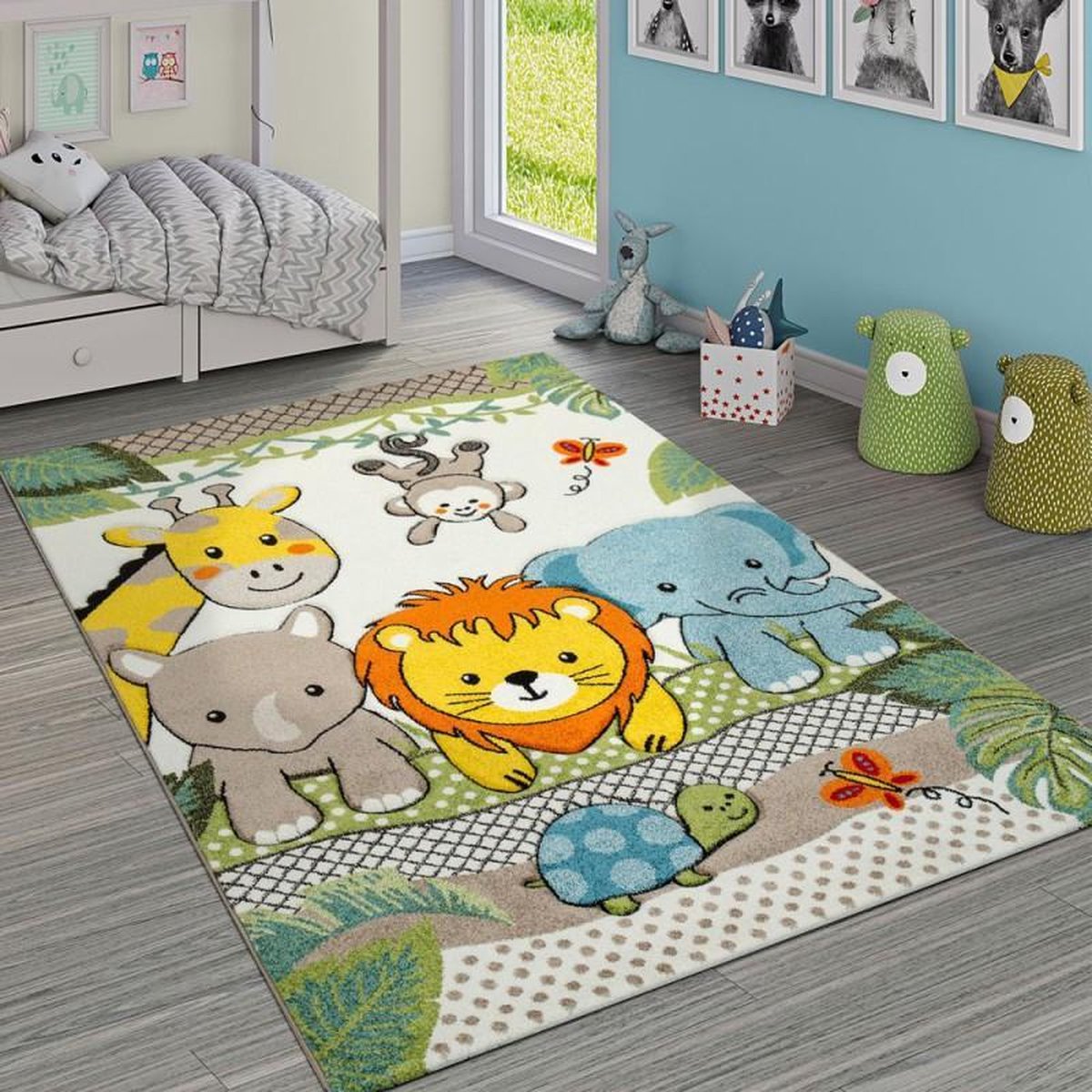 Trendy Kinder Vloerkleed Tapijt Jungle Dieren Crème Groen 120 x 170 cm ...