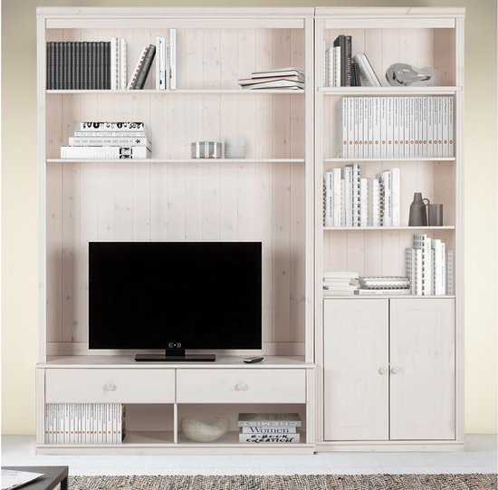 Anita|Bibliothèque avec meuble TV bas en bois de sapin blanchi blanc | bol