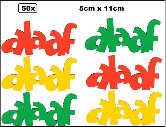 50x Tekstbordje mini Alaaf - kleuren rood/geel/groen - 5cm x 11cm dikte ...