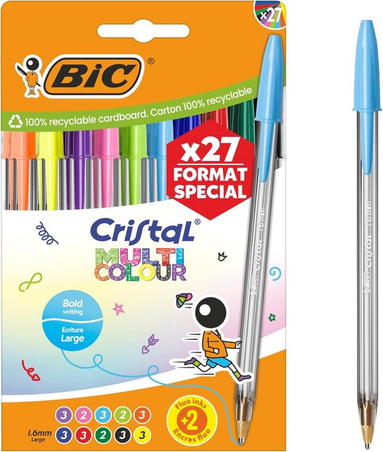 BIC Cristal Multicolour Balpen - 27-delig Set met Brede Punt van 1,6 mm ...