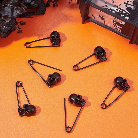 6Pcs Black Skull Head Safety Pins Brooches - Bulk Zinc Alloy Coiless ...