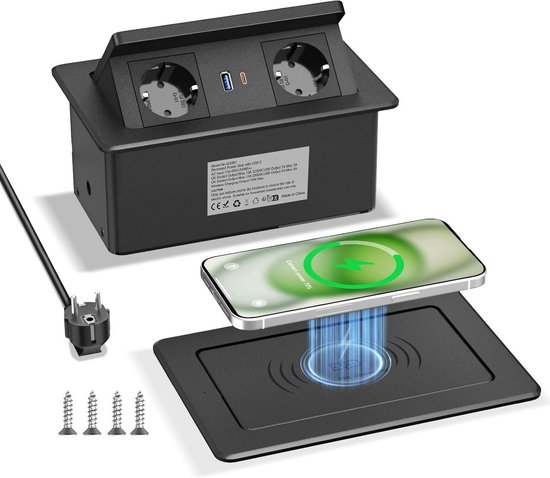 Inbouw Stopcontact Uitschuifbaar met USB-C PD, Draadloos Opladen en 2 ...