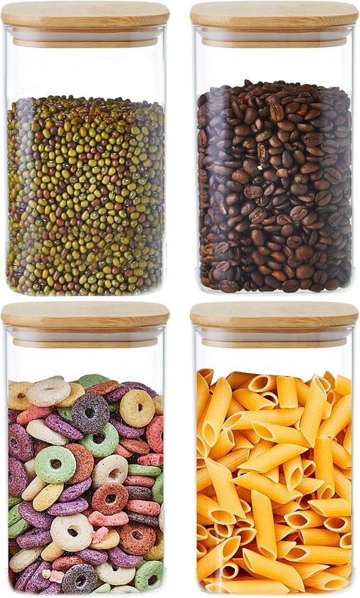 1600ml Glazen Bewaarpotten met Bamboe Deksel (Set van 4) - Luchtdicht ...