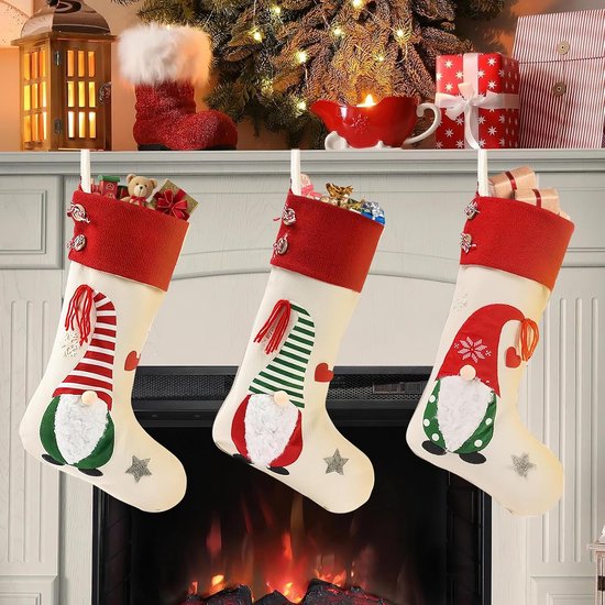 3-delige Set Gebreide Kerstkousen voor Ophangen, Ruime 3D Kerstlaarzen ...