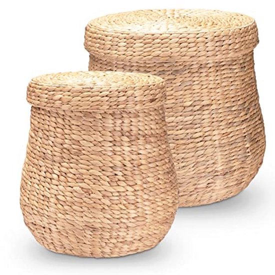 Grote ronde wasmand met deksel van waterhyacint - 58 cm en 46 cm ...