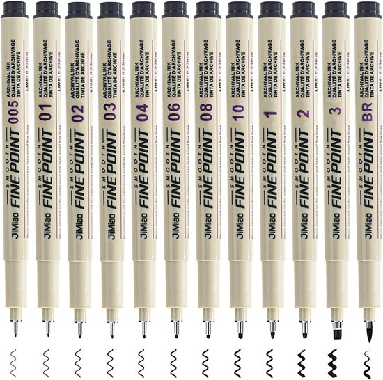 Set van 12 Zwarte Fineliner Pennen - Watervaste Inkt voor Tekenen en ...