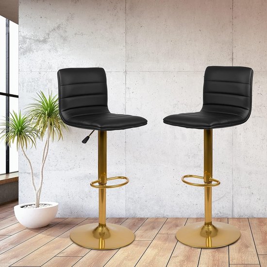 Moderne Verstelbare Barkrukken met Rugleuning Zwart Vinyl en Gouden ...