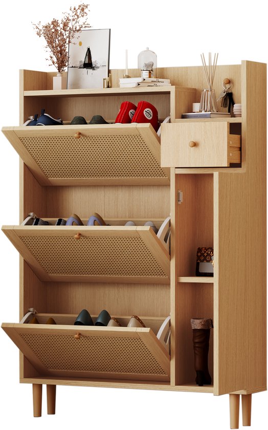 Schoenenkast - 90x125x17 cm - Rattan Met 3 Kippen en Lade - Smal Voor ...