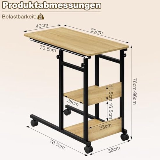 C-vorm laptoptafel/bijzettafel met wielen, in hoogte verstelbaar ...