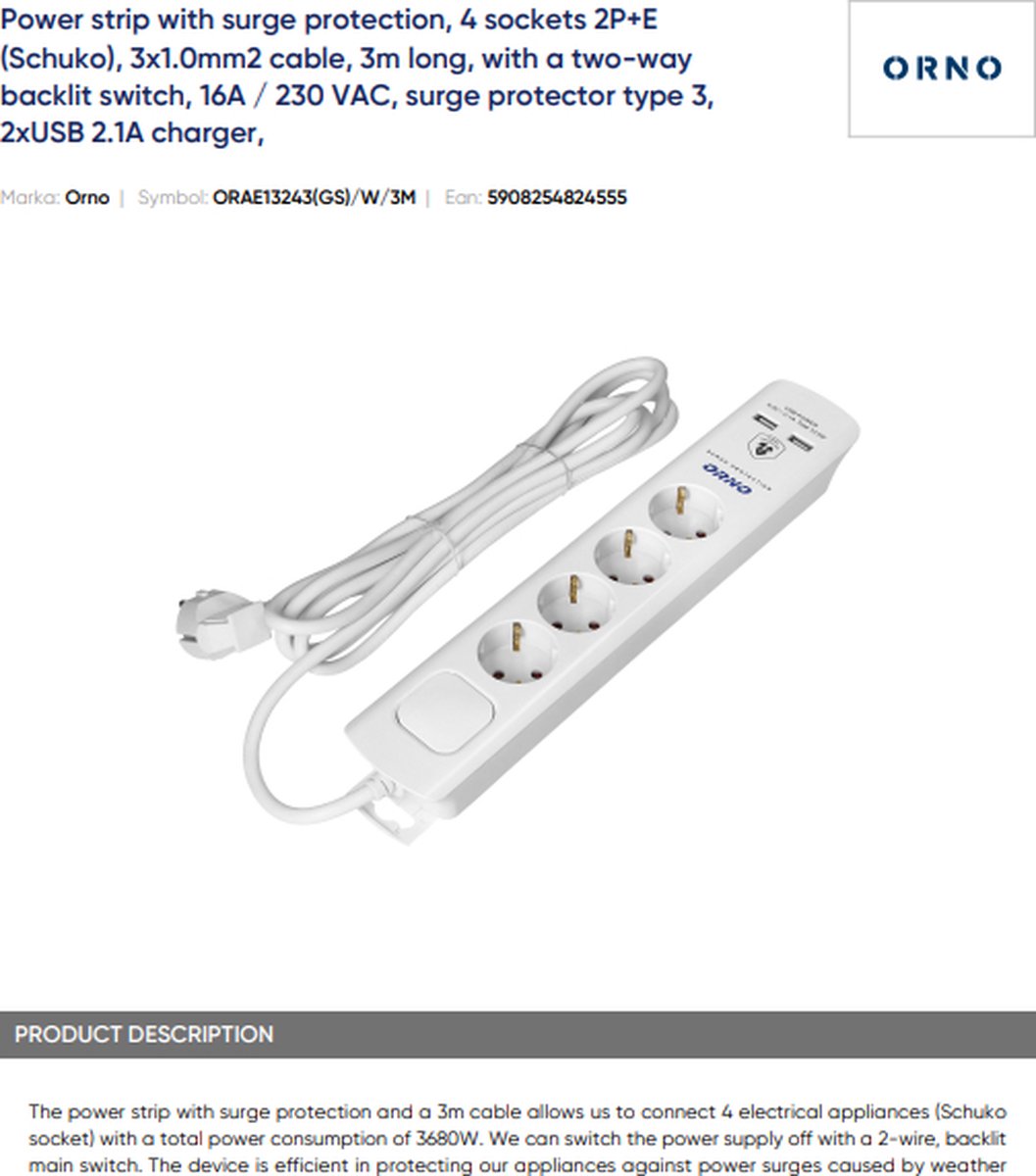 Design stekkerdoos met USB - Verdeelstekker horizontaal met 3 meter ...