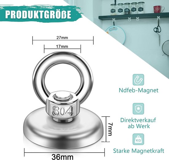 Pack of 5 Neodymium Magnets 55 kg - Strong Magnetic Fishing Magnets 36 ...