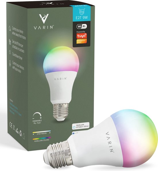 Varin® Smart Led Lamp E27 - 9W - Wit en RGB licht - Bediening via app ...