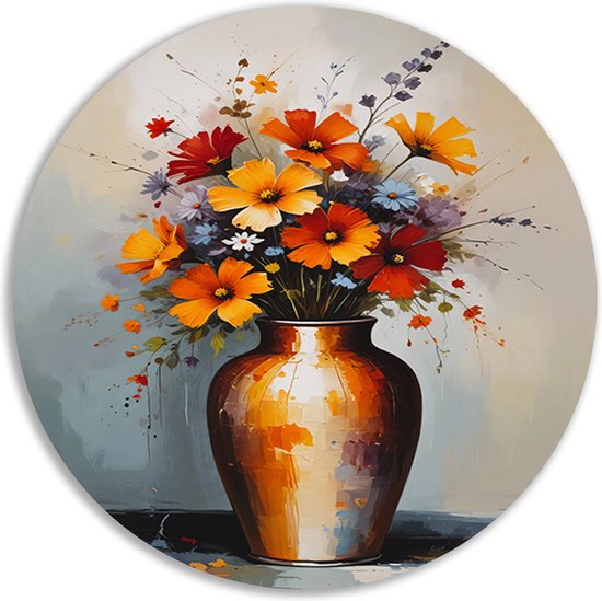 Bloemen wandpaneel - Natuur schilderij rond - Wanddecoratie rond Vaas ...
