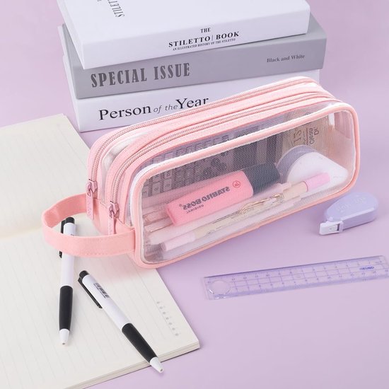 2 Compartiment Etui Clear Mesh Pen Pouch Grid Make-up Cosmetica Tas ...