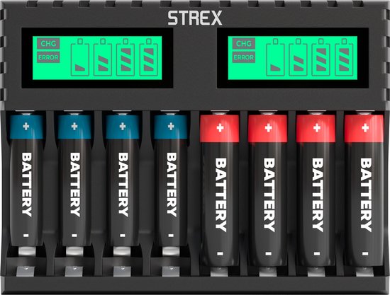 Strex Batterij Oplader - USB Oplaadbaar - 8x AAA Batterijen - LCD Display | bol
