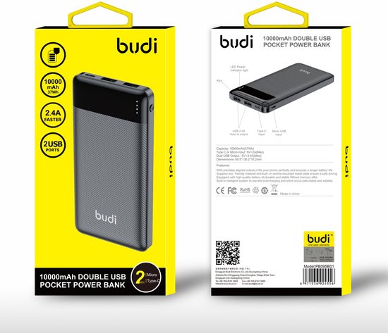 Budi Powerbank - 10000mAh - Dual USB Output - Type C of Micro Input | bol