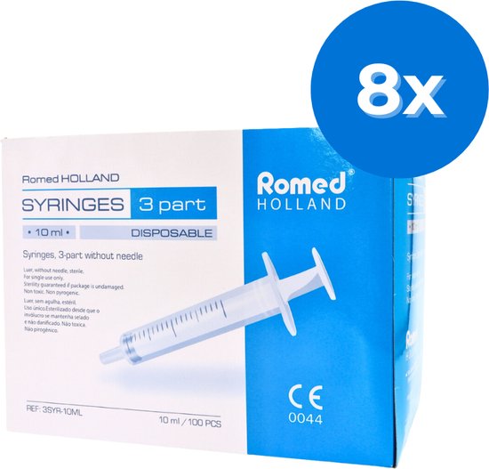 Romed 3-delige injectiespuiten 10ml luer slip 800 stuks - Set van 8 ...
