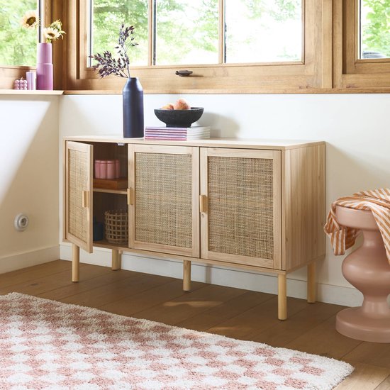 sweeek - Dressoir met 3 deuren rotan en houteffect 120cm - camargue | bol