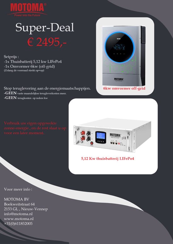 Thuisbatterij kopen (Set) 5,12kW LIFePo4 + Omvormer 6Kw (off-gridd ...