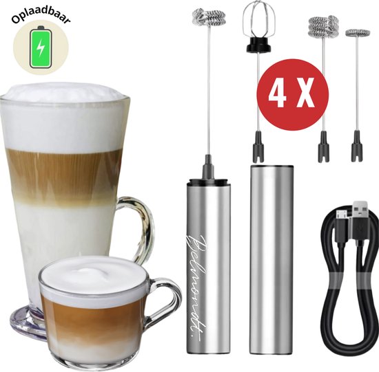 BELMONDT© Elektrische Melkopschuimer - USB oplaadbaar- 4 opzetstukken- RVS | bol