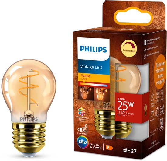 Philips LED Vintage lamp - Dimbare kogellamp - Amberkleurig licht - E27 ...