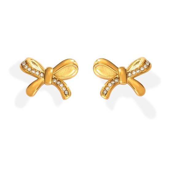 Minimalistische Studs Strikje met Kristallen | Stainless Steel Goud | bol