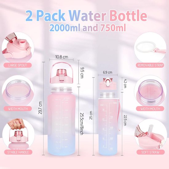 BPA-vrije Waterflessen Set 2L en 750ml met Rietje en Tijdmarkering voor ...
