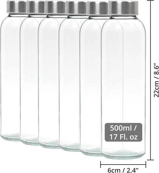 Herbruikbare Glazen Waterflessen 500 ml - Set van 6 - Lekvrije ...