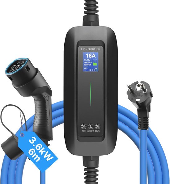 Type 2 EV-oplader met Schuko-stekker en LCD-display - 8/10/13/16A, 6m ...