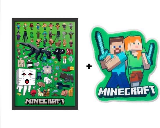 Minecraft Poster Ingelijst + Kussen 3D 40 cm – Kinderkamer Decoratie ...