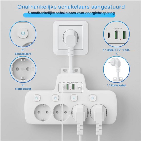 Stopcontact Splitter Met Schakelaar - 4-Voudige Stekkerdoos Met USB C ...