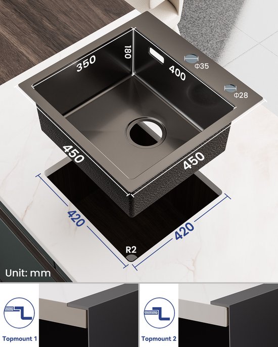 SOFETIY MAX spoelbakken 45 x 45 cm, Vierkante RVS Geborstelde Wasbak, 1 ...