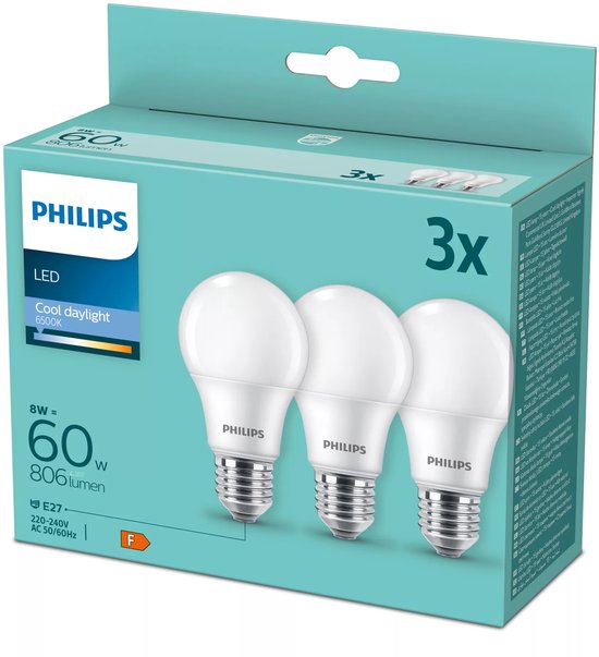 Philips CorePro LEDbulb A60 E27 8W 6500K 806lm 230V - 3-Pack - Koel Wit | bol