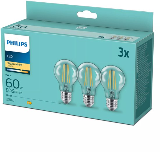 Philips LED Lamp Transparant - 60 W - E27 - Warmwit licht - Actieverpakking | bol