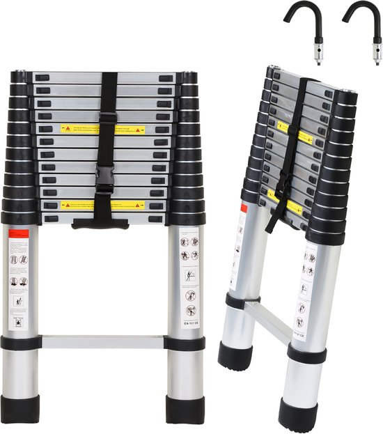 Telescopische Ladder - Telescoopladder - 3,8m zilver + haak, Compact en ...