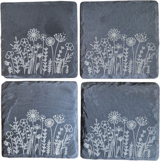 Spant7 - Leisteen onderzetters - Onderzetters - Set van 4 - Bloemen ...