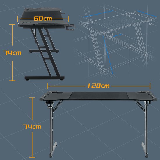 Table de Gaming Aufun 120 x 60 cm, bureau assis-debout avec éclairage ...