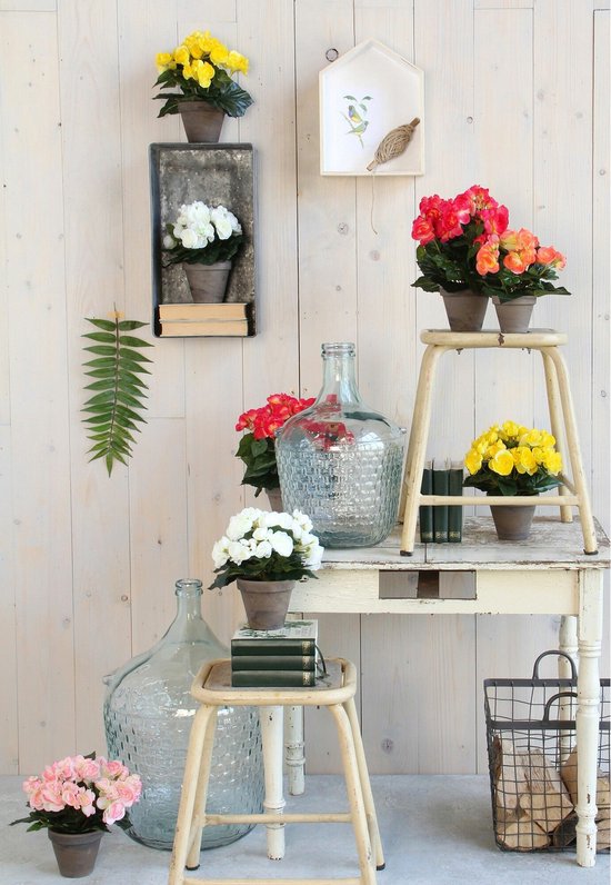 Gele Begonia kunstplant met bloemen 25 cm in grijze pot - Kunstplanten ...