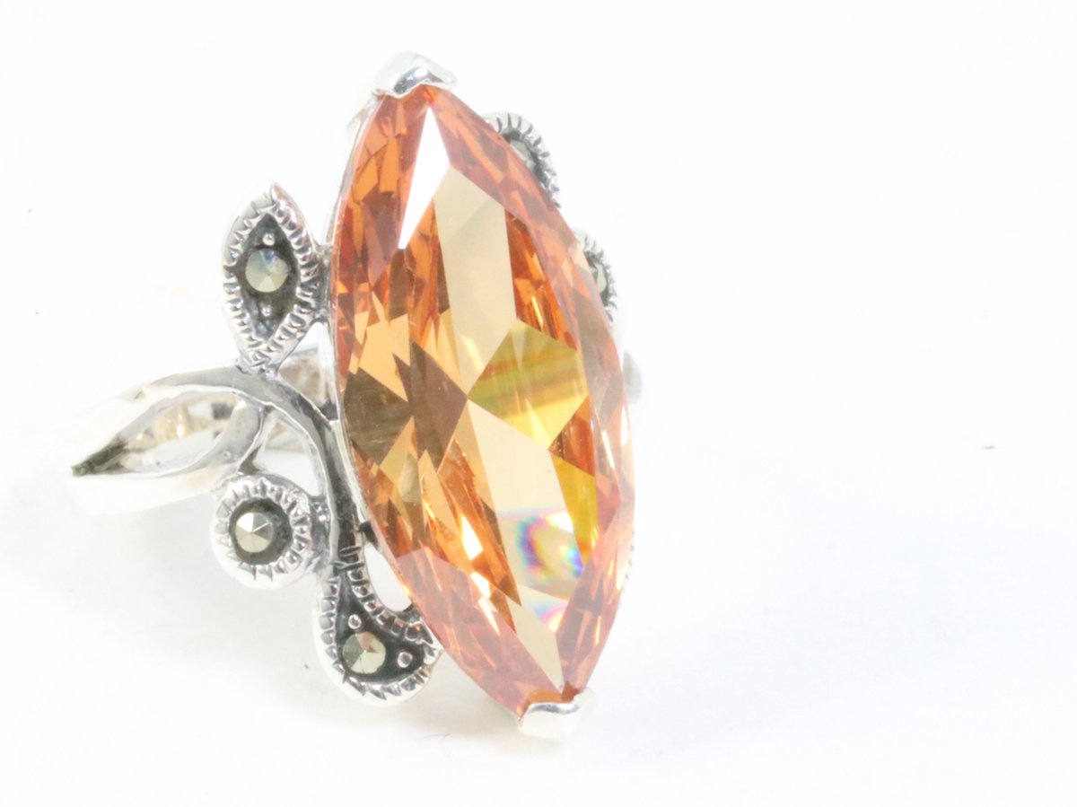 Zware zilveren ring met champagne kwarts en marcasiet - maat 16 | bol.com