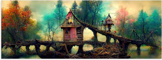 Poster Glanzend – Houten Huisjes op Vlonders bij Bos aan het Water ...